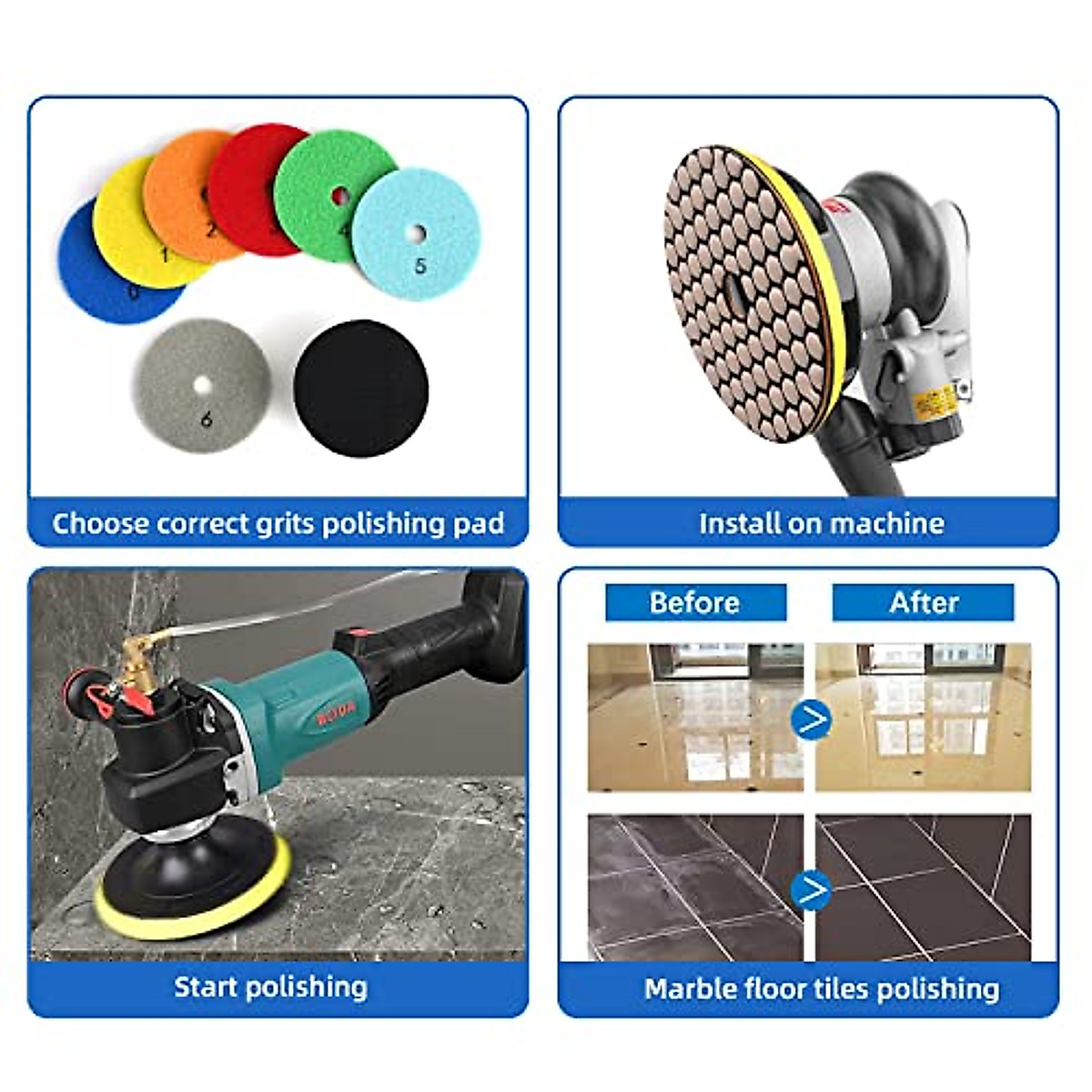 iMetrx 8Pack Diamond Polishing Pads 4 inch Dry (7pcs, Grits 50#-2000#) and Backer Pad (1Set) Concrete Diamond Sanding Discs Marble Granite Stone polishing kit