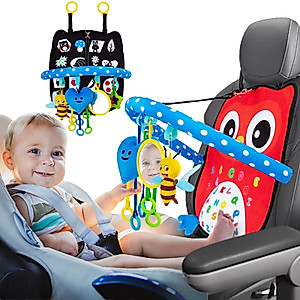 teytoy Baby Car Toys Rear Facing, Adjustable Car Seat Toys Double Sided Car Seat Toys for Babies 6-12 Months with Mirror, Teether, Sensory Pull String Toy and Squeakers, Baby Car Toys Travel Toys