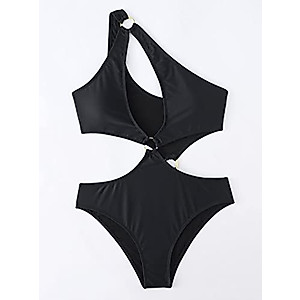 Hilinker Women's Sexy Ring Front Cut Out One Piece Swimsuit Halter Bathing Suit S-Black Small