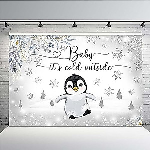 MEHOFOND 7x5ft Penguin Winter Baby Shower Backdrop Baby It's Cold Outside Background Silver Gliter Artic Animals Baby Shower Party Banner Decorations Photo Booth Props