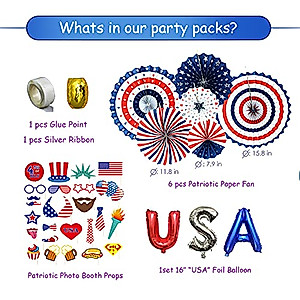 NAIWOXI Patriotic Decorations - American Flag Decorations Included Banner, Paper Fans, Confetti, Photo Booth Props, Garland Balloons, for Presidents Day, Election Day Party, 4th of July Party Supplies