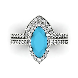 Clara Pucci 2.16ct Marquise Round Cut Laser Engraving Pave Halo Turquoise Engagement Wedding Bridal Ring Band set 18K White Gold Size 8.5