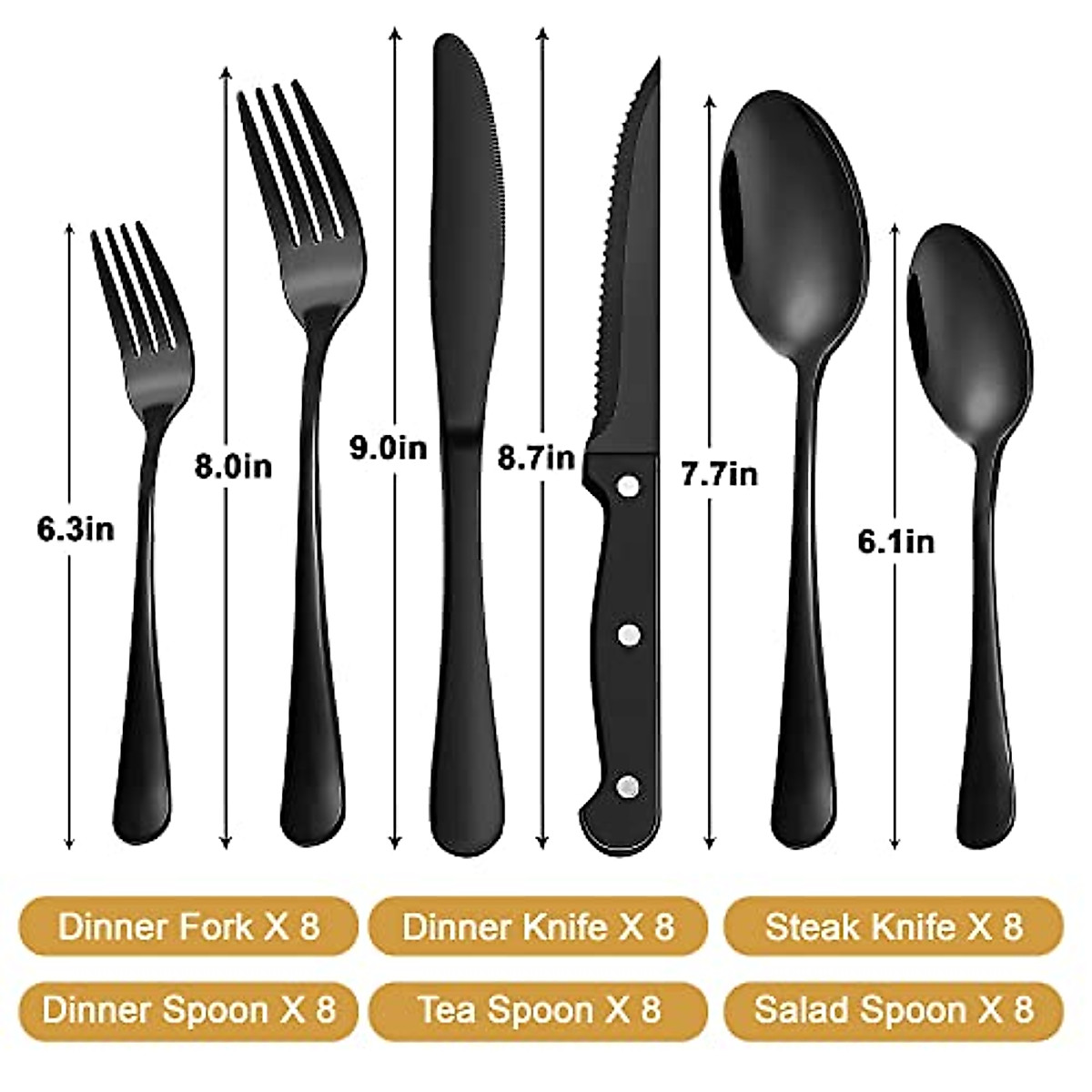 48-Piece Black Silverware Set with Steak Knives, Stainless Steel Flatware Cutlery Set for 8,Stain Finish Tableware Kitchen Utensil Set Includes Spoons Forks Knives, Dishwasher Safe