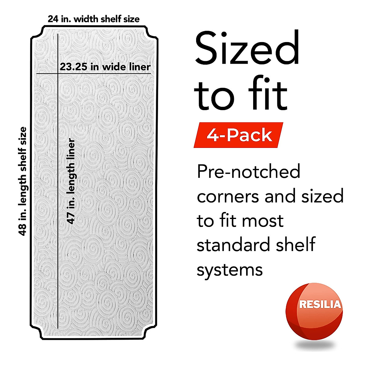 Resilia Shelf Liner Set for Wire Shelving Units – 4 Pack, 24 Inches x 48 Inches, Clear Swirl Spiral Pattern, Anti-Slip, Heavy Duty, Made in The USA, for Kitchen, Bathroom, Garage Storage