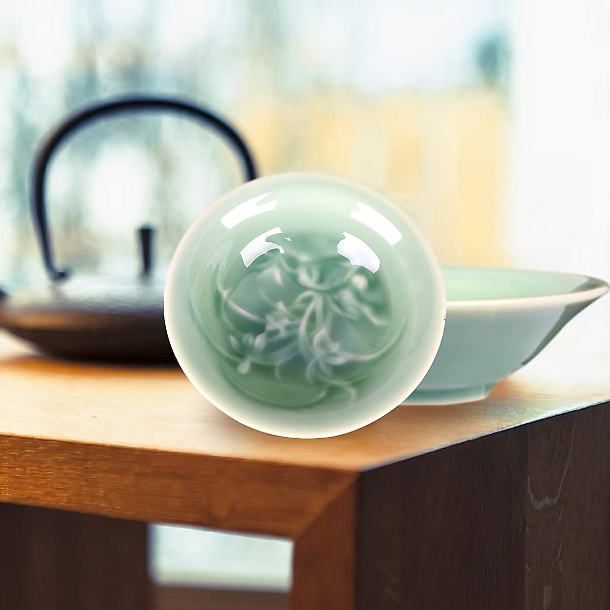 DOITOOL Chinese Sake cup Ceramic Sake Tea Cup Cyan Clay Creative Embossed Celadon Tea Cup Porcelain Bowl, Color Change, Plant Pattern Tableware Wide Mouth Tea Bowl(Random Embossed Pattern)