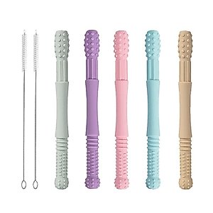 Honboom Soft Silicone Teething Tubes, 5 Pack Hollow Baby Teether Tubes, Baby Chew Straw Toy Soothing Teether Toy for Babies 0-12 Months with a Cleaning Brush, BPA Free (6.69 in)