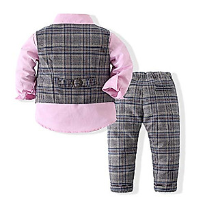 Boys 3Pcs Clothing Sets Long Sleeve Bowtie Shirts +Vest +Pants Casual Suit (Pink, 5_Years)