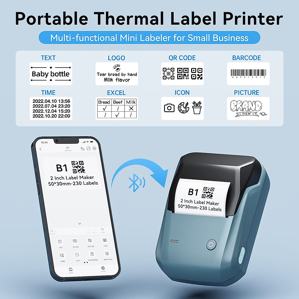 Label Makers B1 Portable Bluetooth Label Maker with Tape, New 2 Inch Thermal Label Printer for Barcode, Clothing, Address, Mailing, Compatible with Smartphone & Computer, with 1pack 50×30mm Label