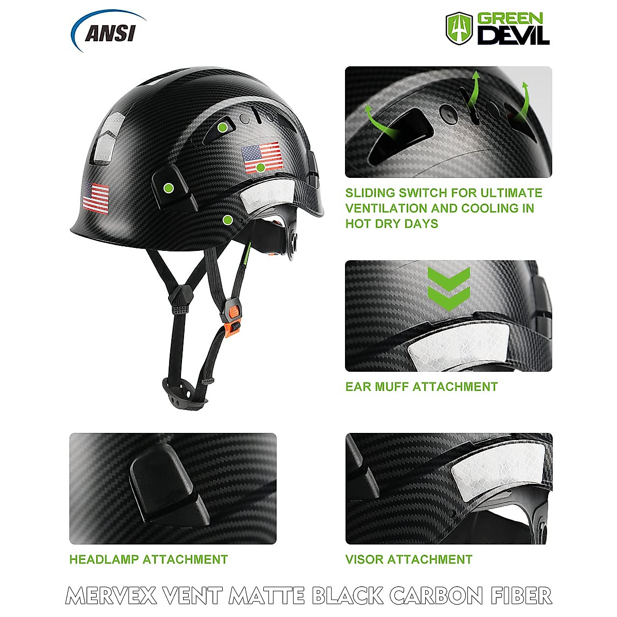 GREEN DEVIL Safety Helmet Hard Hat Adjustable Lightweight Vented ABS Work Helmet for Men and Women 6-Point Suspension ANSI Z89.1 Approved Ideal for Industrial & Construction