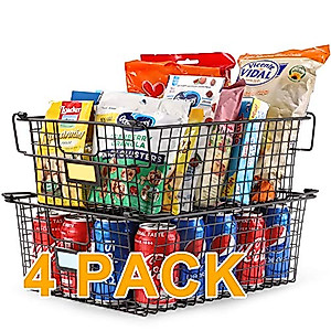 4 Pack [ XXXL Large ] STACKABLE Wire Baskets for Organizing - Pantry Storage and Organization Metal Bins for Produce, Food, Fruit - Kitchen Bathroom Closet Cabinet, Countertop, Under Sink Organizer
