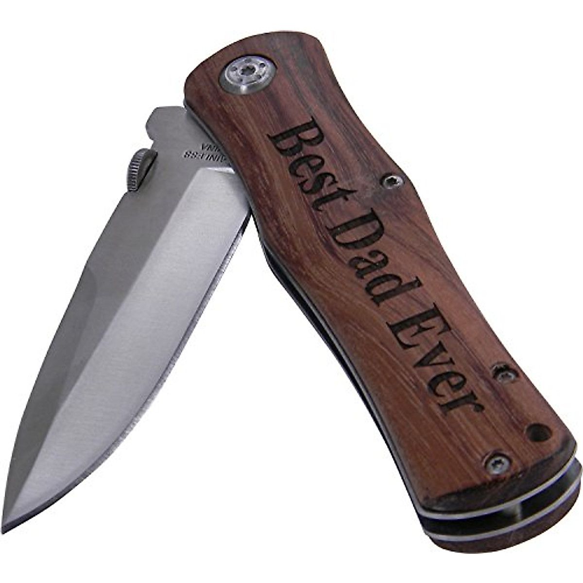 Best Dad Ever Folding Pocket Knife with Pocket Clip - (Wood Handle)