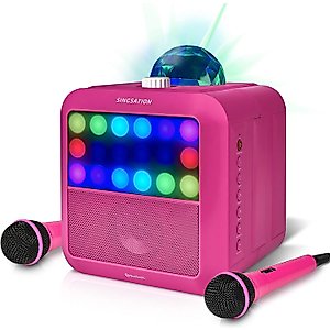 Singsation Star Burst Portable Karaoke Machine, Bluetooth, Room-Filling Light Show with 10 Light Functions, 6 Amazing Sound Effects, 2 Microphones Included for Duets, Pink