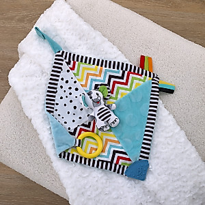 NoJo Sassy Baby Eli Elephant Black, White, and Multi-Colored Super Soft Security Baby Blanket with Teether