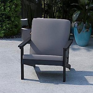 BizChair Adirondack Style Deep Seat Patio Club Chair with Cushions - Black Poly Resin Frame - Cream All-Weather Cushions - Indoor/Outdoor
