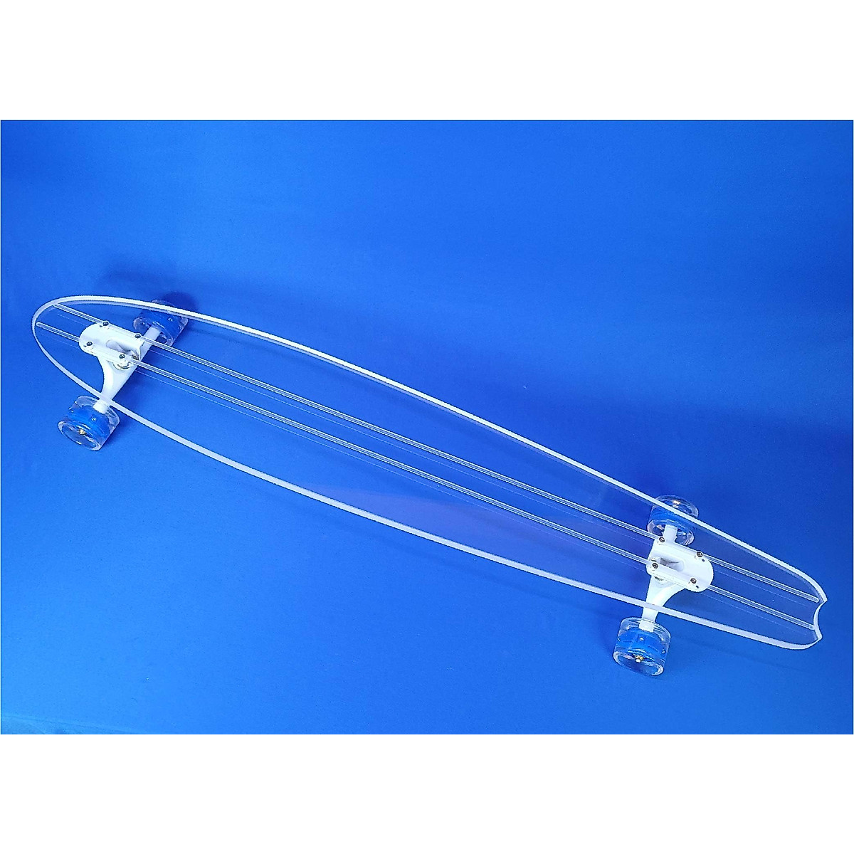 Clear Longboard with Light Up LED Wheels, 48" Pintail Riptide. Acrylic clear skatboard for all ages. weight limit 230 lbs. Made in USA