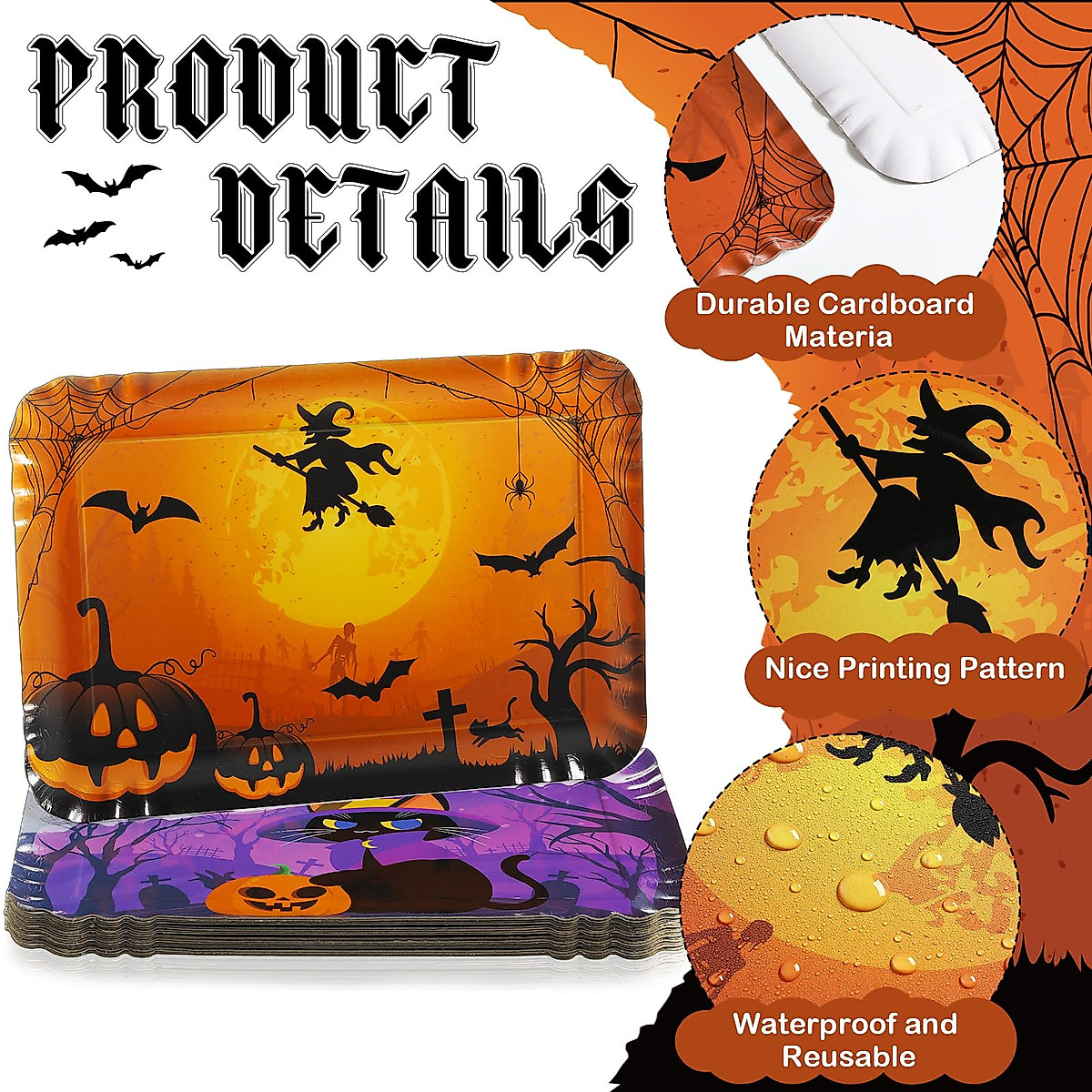 Rtteri 10 PCS Halloween Serving Trays Party Decorations 11 x 7.5 Halloween Food Trays Halloween Tray Halloween Party Trays for Halloween Theme Dessert Cupcake Birthday Party Tableware Supplies