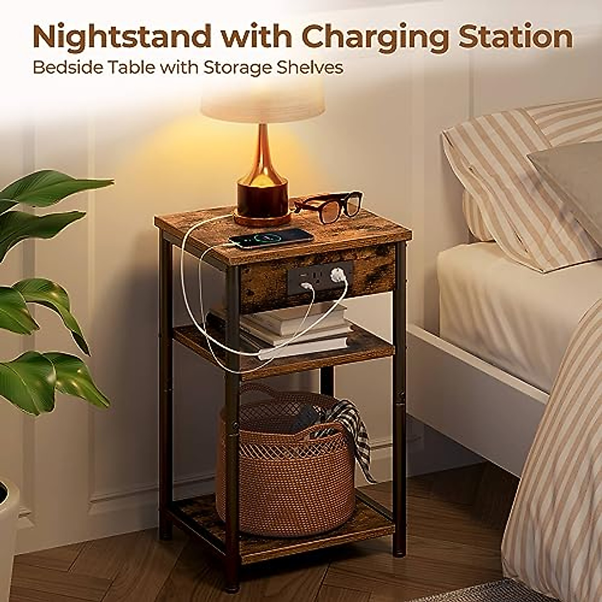 Rolanstar End Table with Charging Station, 3 Tier Slim Nightstand with Storage Shelf, Narrow Side Table with USB Ports & Power Outlets, Steel Frame for Living Room, Bedroom, Rustic Brown