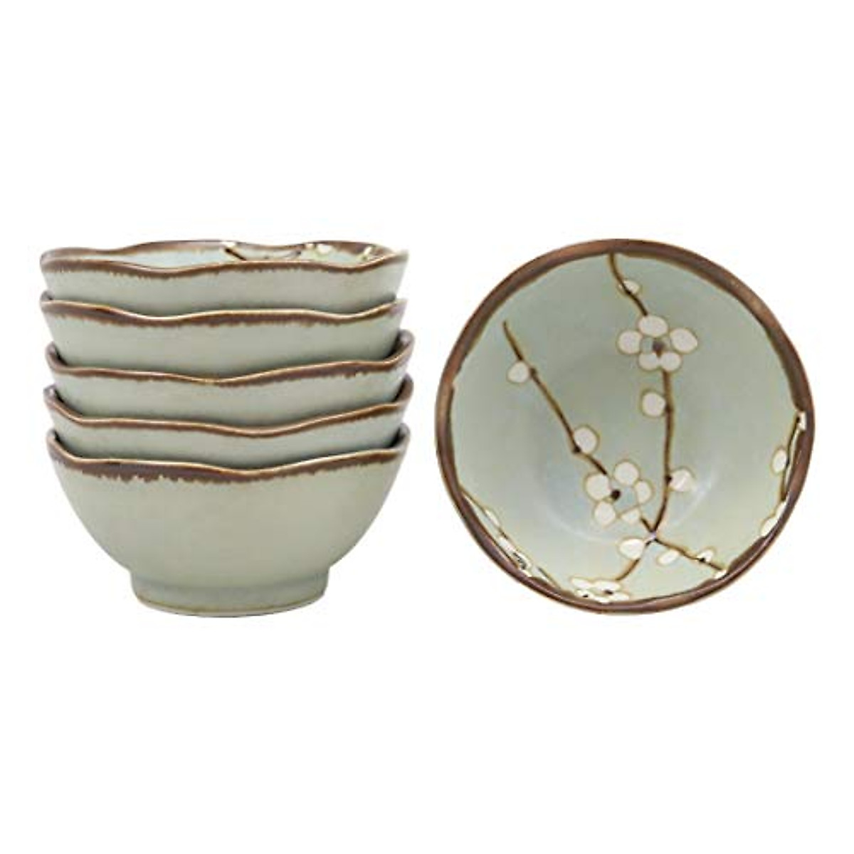 Ebros Gift Made In Japan 3.75" Diameter Light Blue Plum Set of 6 Irregular Flared Bowls With Sakura Cherry Blossoms Design 7 oz Ice Cream Miso Soup Salad Rice Bowl Kitchen Dining Restaurant Supply