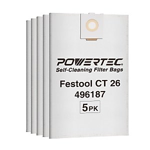 POWERTEC 75037 Filter Bags for Festool 496187 Fits CT 26, 5PK