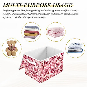 MFTJYO Storage Bin with Lid Pink Rose Flower Foldable Storage Box Washable Fabric Storage Cubes Bin Organizer Basket Closet for Home Bedroom Closet Nursery Office