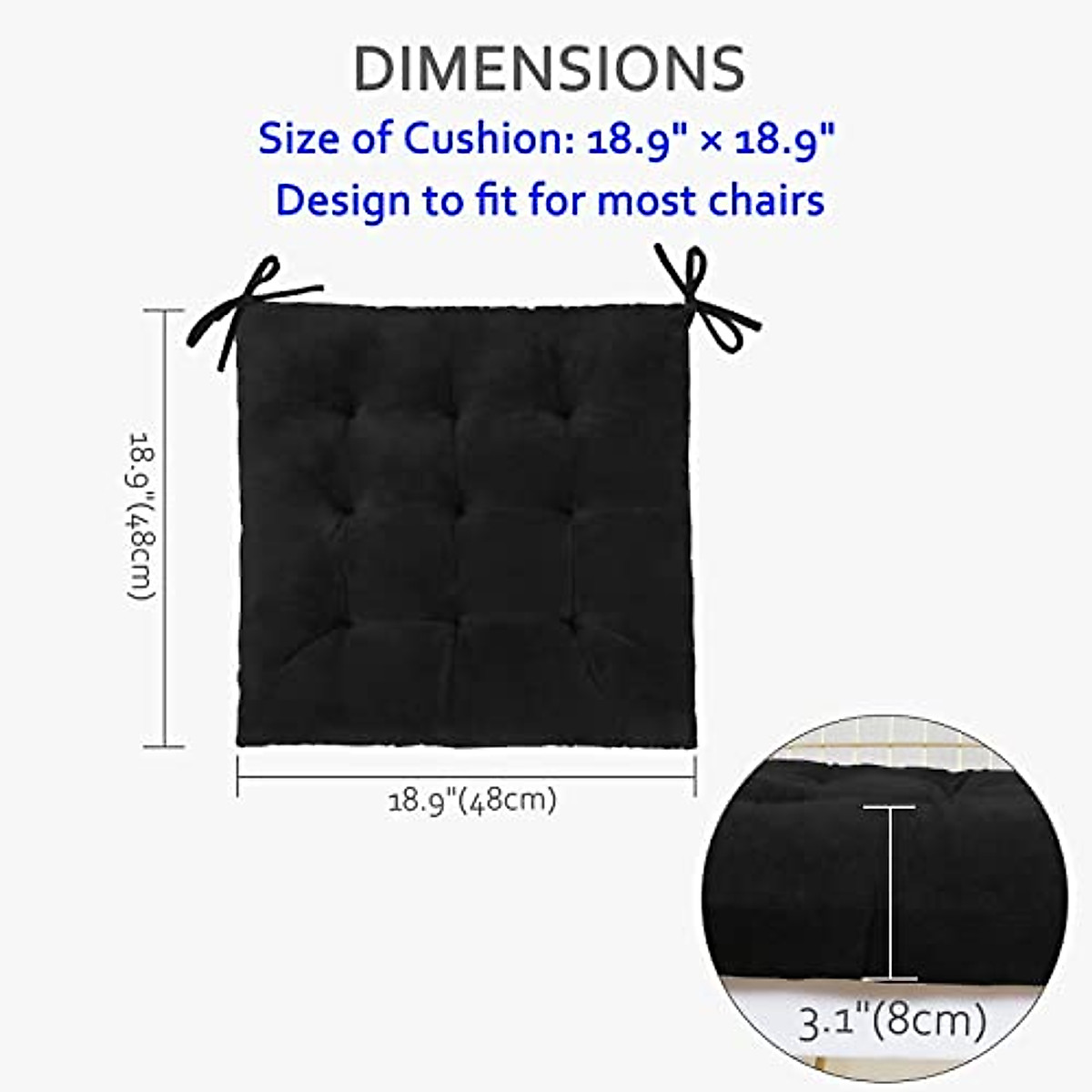 ELFJOY Set of 4 Square Chair Pads Indoor Seat Cushions Pillows with Ties Thick Soft Seat Cushion for Kitchen Dining Office Chair (18", Black)