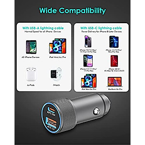 iPhone Car Charger,USB C Fast Car Charger[Apple MFi Certified] Apple Car Charging 38W Dual Port Car Charger Cigarette Lighter Adapter 2x3ft PD&QC 3.0 Lightning Cable for iPhone 13/12/12 Pro/11/Airpods