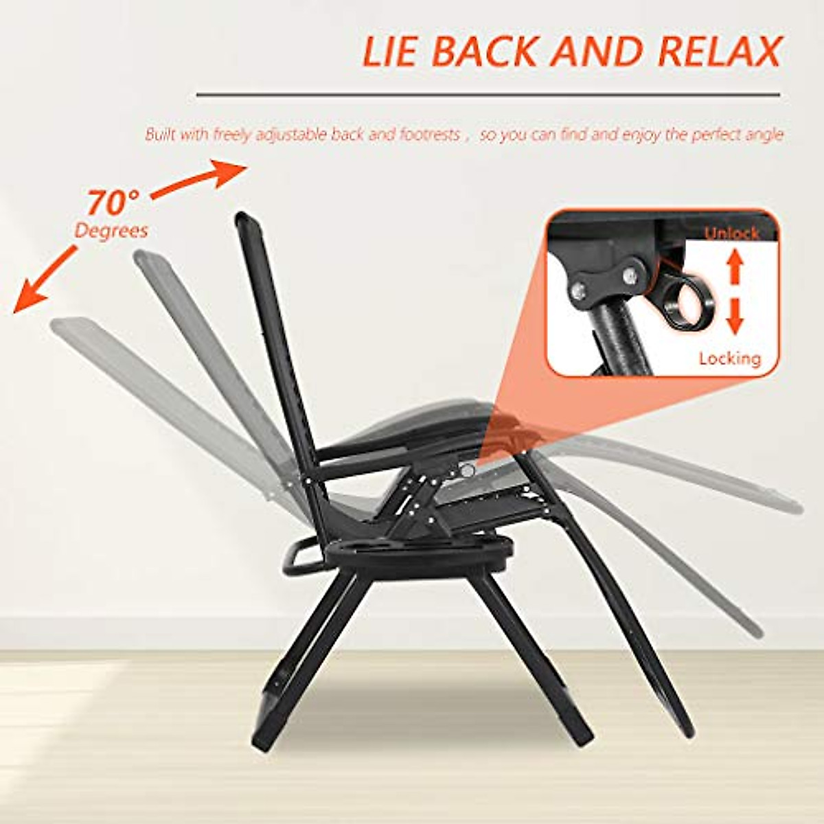 Her Majesty Adjustable Lounge Recliner Chair Set of 2 with Cup Holders Pillow for Patio Outdoor Yard Beach,Black