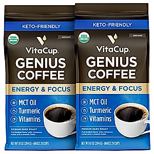 VitaCup Organic Genius Ground Keto Coffee, Increase Energy & Focus w/MCT Oil, Turmeric, B Vitamins, D3, USDA Organic Ground Coffee Medium Dark Roast, 100% Arabica Coffee Grounds, 2 bags, 10 oz each