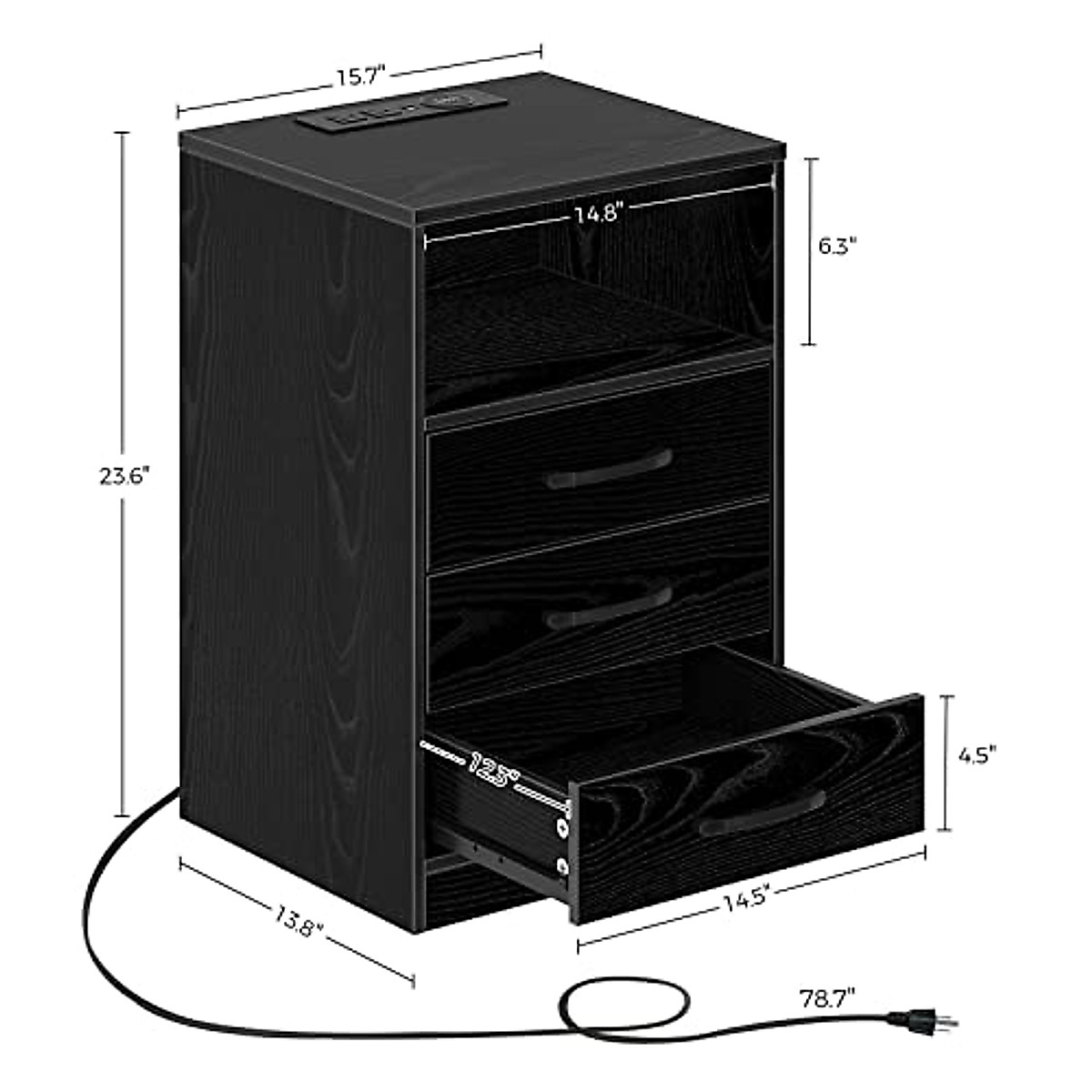 Seventable Nightstand with Wireless Charging Station and LED Lights, Modern End Side Table with 3 Drawers and Open Compartment for Bedroom, Black