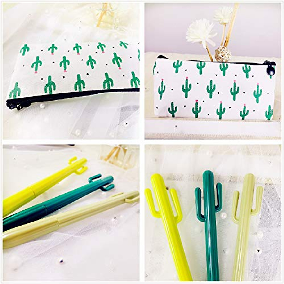 JeVenis 19 Pcs Cactus Ballpoint Pen Cactus Black Ink Writing Pens with Cactus Pencil Pouch Cactus Clip Cactus Notes Sticker for Office Home Supply Gift