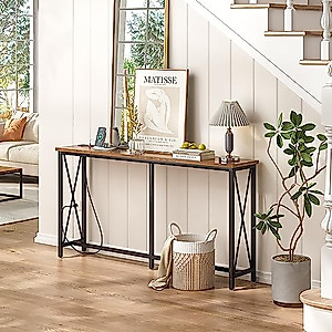 SUPERJARE Console Table with Outlet & USB Ports, 63 Inches Sofa Table with Charging Station, Narrow Entryway Table, Hallway Table, Behind Couch Table, for Living Room - Rustic Brown