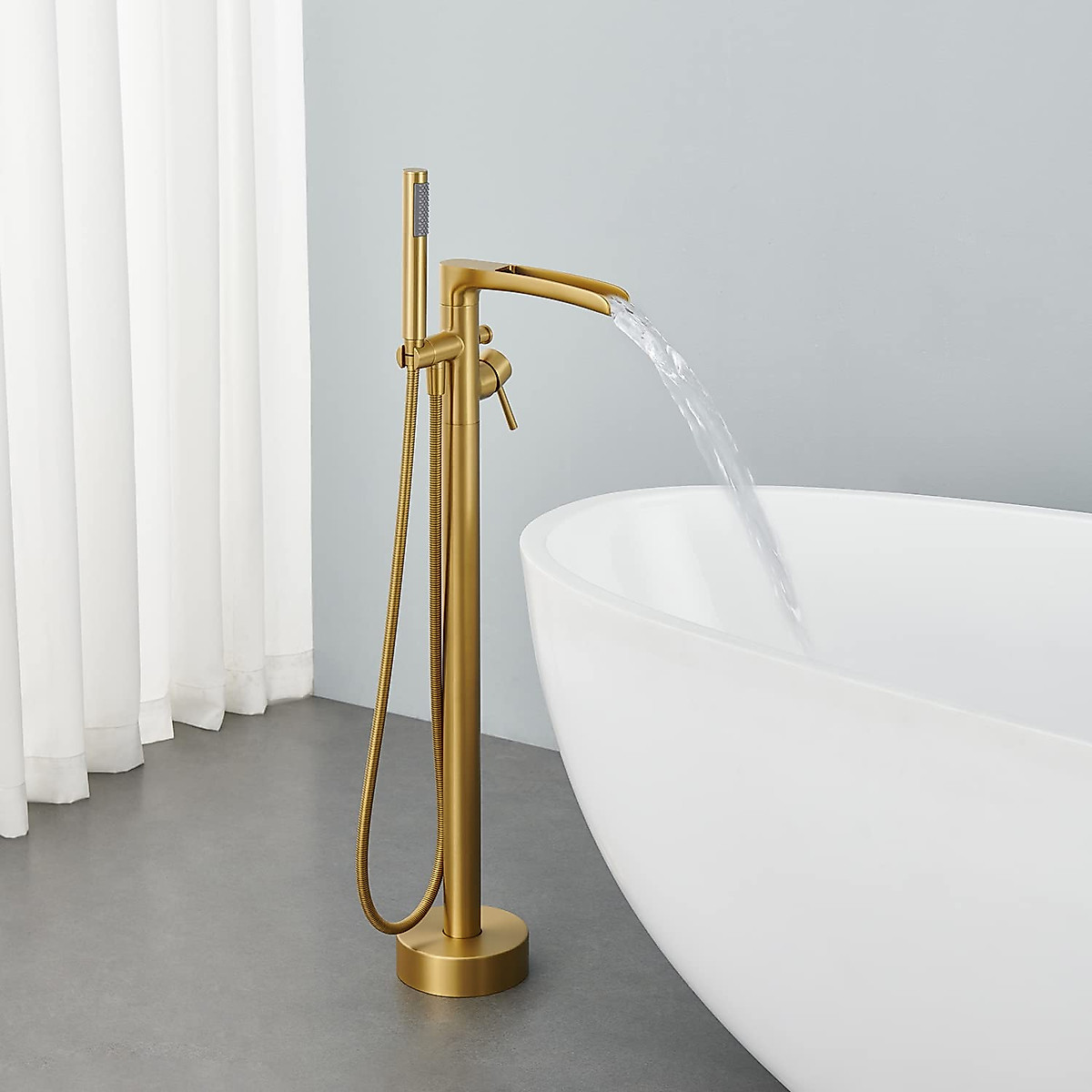 Wowkk Waterfall Freestanding Bathtub Faucet Brushed Gold Floor Mount Tub Filler Brass Single Handle Bathroom Faucets with Hand Shower