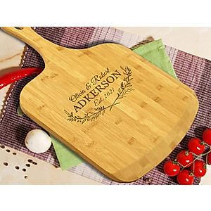 Personalized Bamboo Pizza Board with Handle Customized Wood Serving Cutting Pizza Board with Engraved Custom Name Monogram – Wedding, Anniversary, Housewarming, Birthday, Mom, Dad Gift