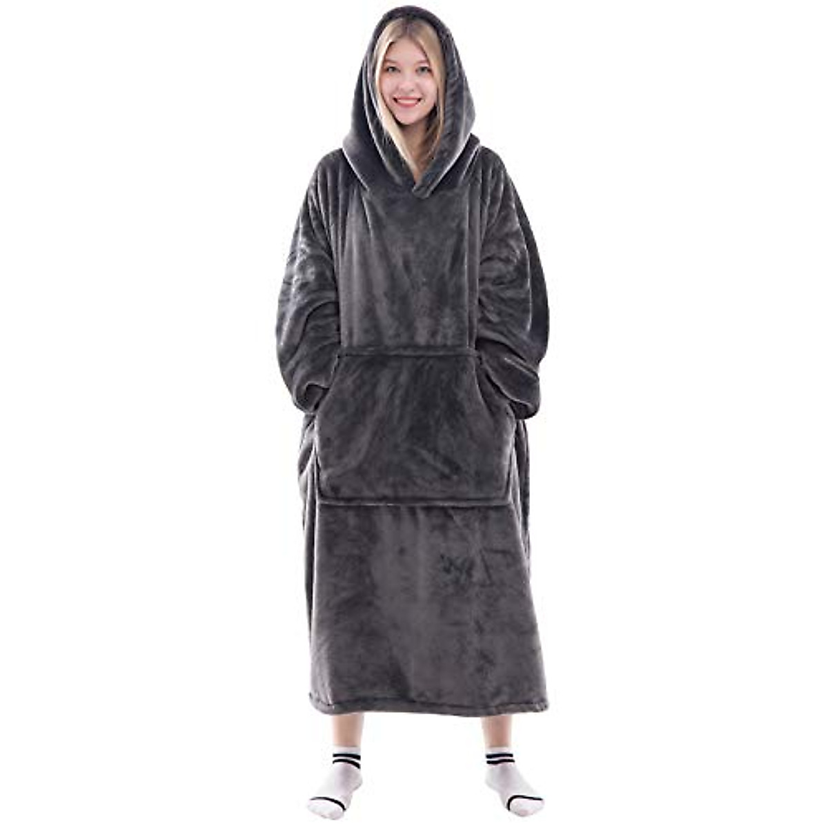 Waitu Wearable Blanket Sweatshirt Gifts for Women and Men, Super Warm and Cozy Giant Blanket Hoodie, Thick Flannel Blanket with Sleeves and Giant Pocket - Dark Gray