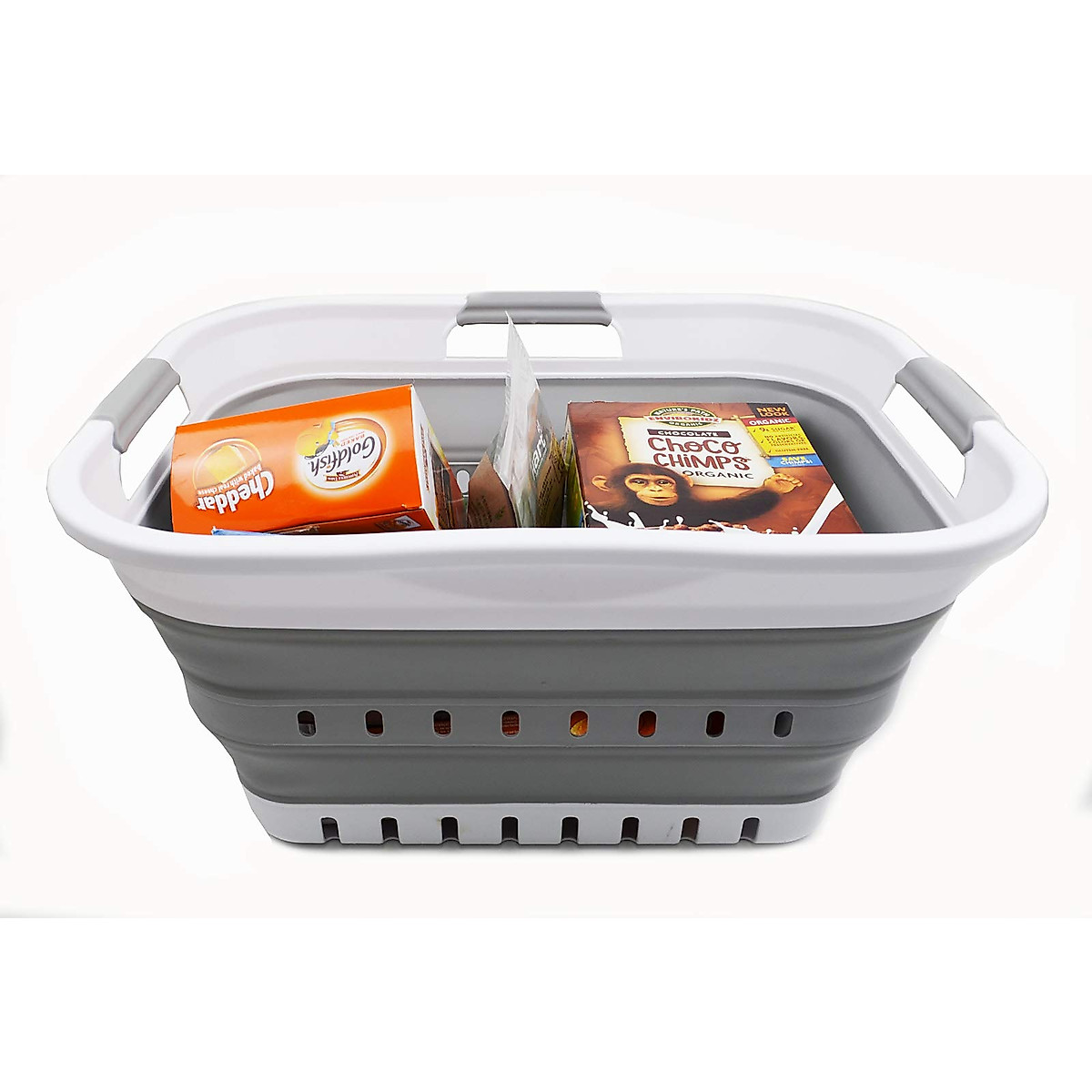 SAMMART 30L (8 gallon) Collapsible 3 Handled Plastic Laundry Basket - Foldable Pop Up Storage Container/Organizer - Space Saving Hamper/Basket (White/Grey)