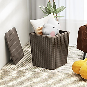 Giantex Small Outdoor Side Table - 11.5 Gallon Deck Box with Removable Lid & Wicker-Woven, Outside Storage Box Waterproof, Resin Rattan Side Table, Outdoor Coffee Table, Patio Storage Box (Brown)