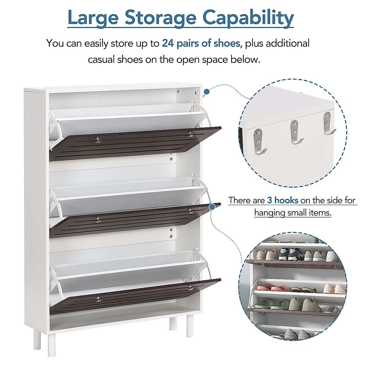 Cozybedin Minimalist Slim Shoe Cabinet with Hanging Hooks, Slits Design Panels Entryway Organizer with 3 Flip Drawers, Free Standing Shoe Rack with Adjustable Panel for Hallway, White