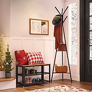 VASAGLE Shoe Bench, 3-Tier Shoe Rack 28.7” Long, Shoe Shelf Storage Bench with Metal Mesh Shelves and Seat, Wood Free Standing Shoe Organizer for Entryway, Indoor, Living Room, Rustic Brown and Black