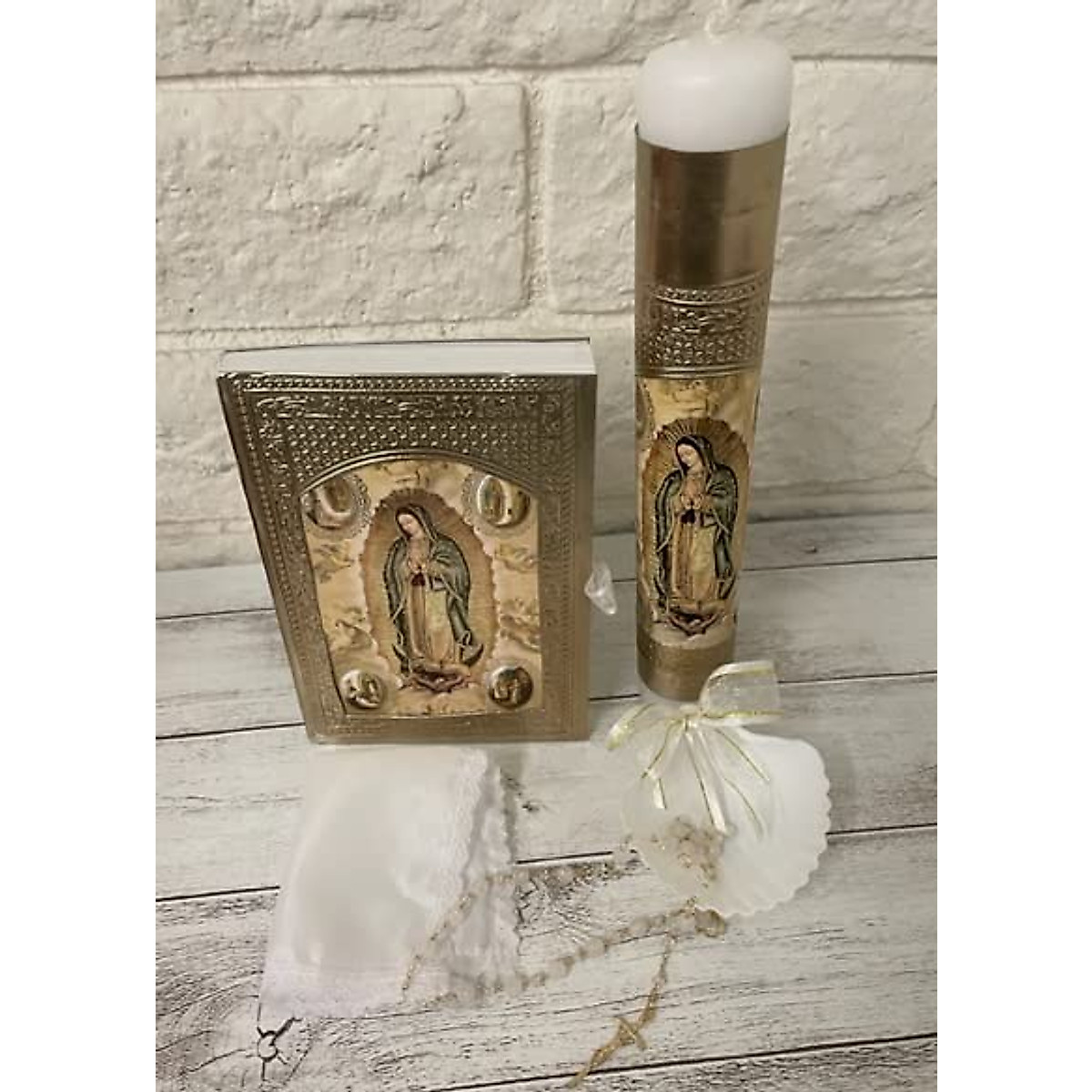 5 Piece Beautiful Handmade Gold Guadalupe Foil Baptism Christening Shells Candle Set Favors Girl Boy Set de Bautizo Espanol Nina Nino Baptism Communion Gift Box