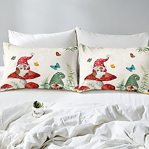 Mushroom Bed Sheet,Kawaii Spring Gnome Sheet Sets For Girls Boys Kids,Butterfly Plants Sheet Set,Cute Red Green Gnome Flat Sheet For Bedroom,Wild Spieces All Season Top Sheet Full Size,4 Pieces
