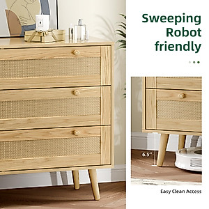 infurnic 3 Drawer Rattan Dresser for Bedroom, Modern Wooden Dresser Chest with Handles for Bedroom, Hallway and Living Room, Wood Oak