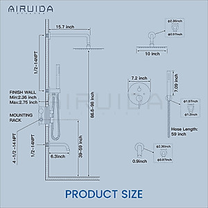 Airuida Round Shower System Set with Tub Spout, Wall Mount 3 Function Rain Shower Faucet Set, Matte Black 10 Inches Round Shower Head with 2 Functions Handheld Shower