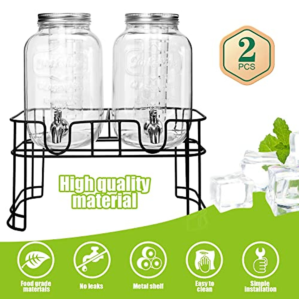 1 Gallon Glass Drink Dispensers For Parties 2PACK.Beverage Dispenser，Drink Dispenser With Stand And Stainless Steel Spigot 100% Leakproof.Glass Drink Dispenser With Ice Cylinder. Lemonade