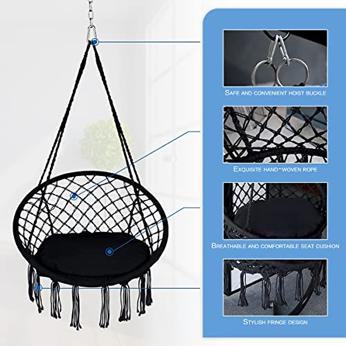 HFKJ Hammock Chair Hanging Rope Swing with Hardware and Cushion Handmade Knitted Mesh Hanging Chair with Macrame for Bedroom Patio Yard Garden, Max 330 Lbs…