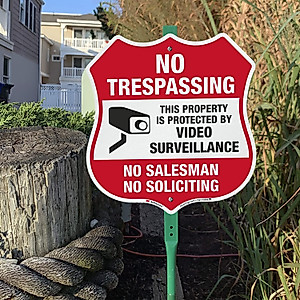 SmartSign 12 x 11.5 inch “No Trespassing - Property Protected By Video Surveillance, No Soliciting” Yard Sign with 3 foot Stake, 40 mil Laminated Rustproof Aluminum, Red, Black and White, Set of 1