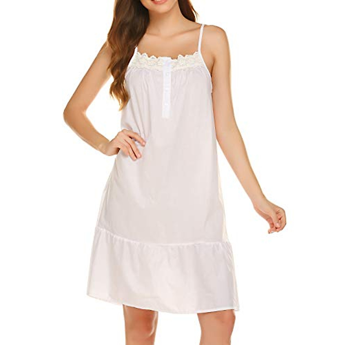 Ekouaer Womens, Lace Nightgown Nightshirt, Sleeveless, Sleepwear, Cotton Pajamas Sleep Dress, A-candy_white, X-Large