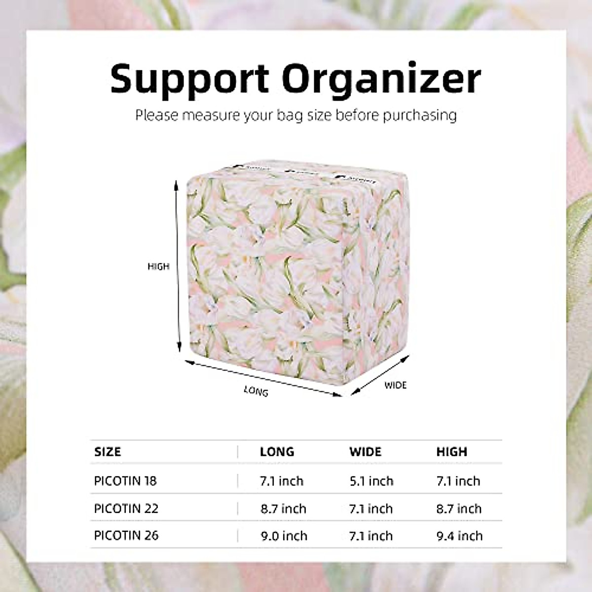 ArcDiary Rayon Purse Pillow Shaper Insert, unique pattern handbag shapers, Memory Foam, for Picotin 18/22 bags (PC18,French Tulips)