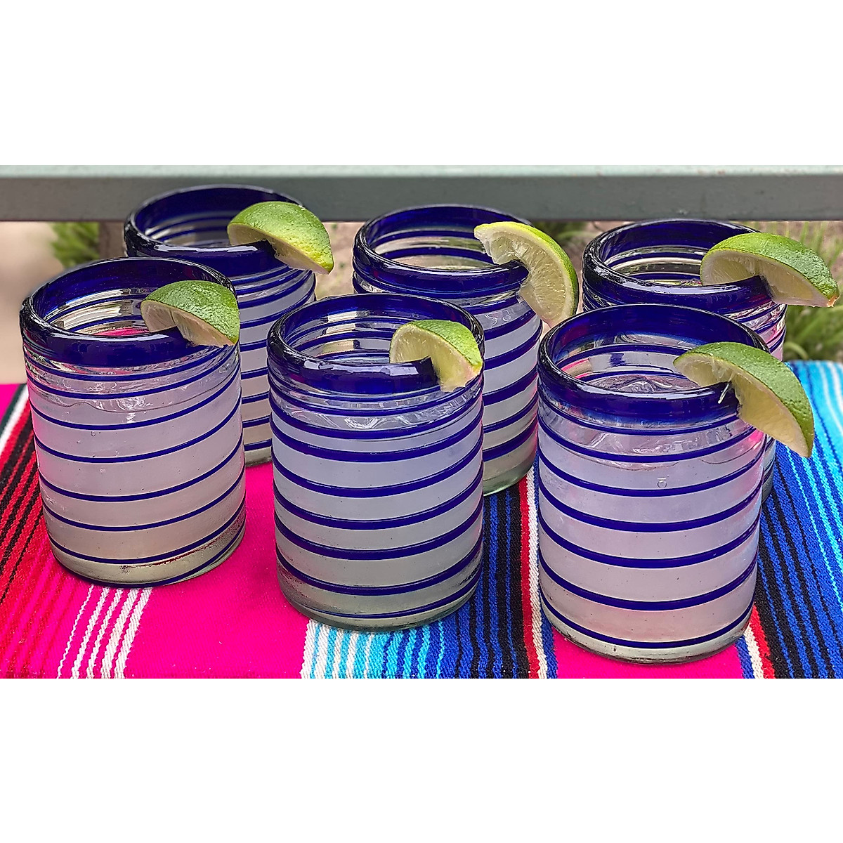 Hand Blown Mexican Drinking Glasses – Set of 6 Tumbler Glasses with Blue Spiral Design (10 oz each) …