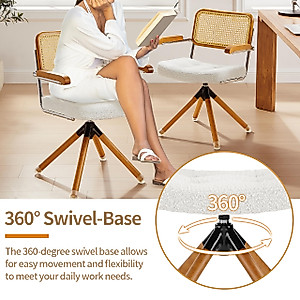 Art Leon Rattan Desk Chair, Mid Century Modern Swivel Accent Chair No Wheels, Fabric Upholstered Office Chair with Wood Legs, Armchair with Rattan Back for Home Office Living Room Bedroom, Off White