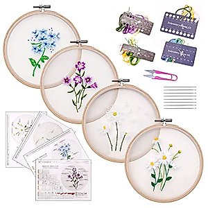 DJZNDINGJIEJIE Embroidery Kit for Beginners, Cross Stitch Kits for Adults, 4 Pack Transparent with Floral Plant Pattern Sets Embriodery, Funny Easy Needlepoint Embrodery Crosstitch Kits
